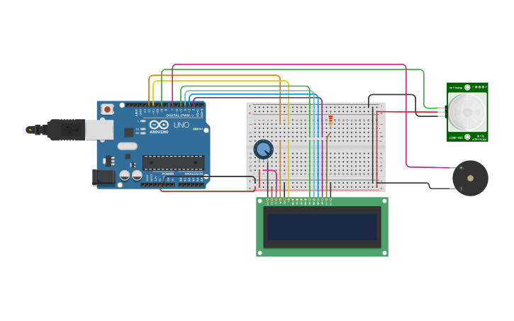 Circuit design motion detection alarm system - Tinkercad