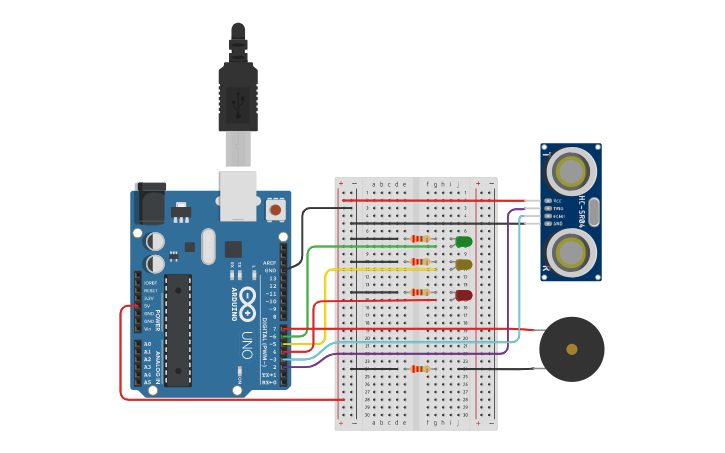 Circuit design Ultrasonic Security System - Tinkercad