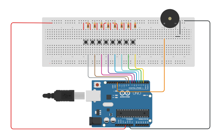 Circuit design Making piano in arduino - Tinkercad