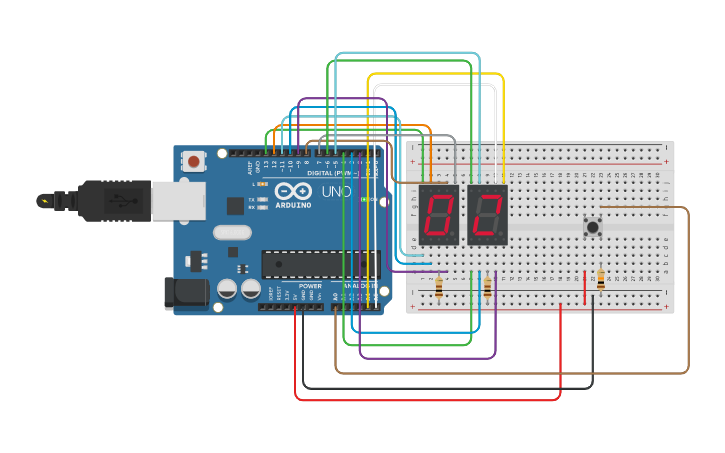 Circuit design ANODE 7 segment Double Counter | Tinkercad
