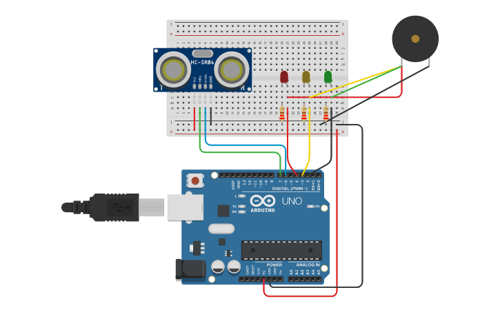 Circuit design DISTANCE SENSOR with Piezo buzzer - Tinkercad