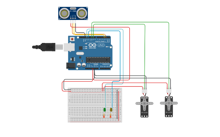Circuit design Servos, Leds y el Sensor USNC - Tinkercad
