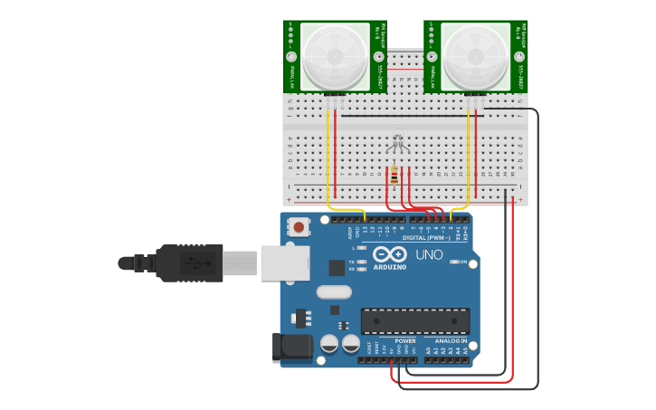 Circuit design PIR sensors with RGB lamb - Tinkercad