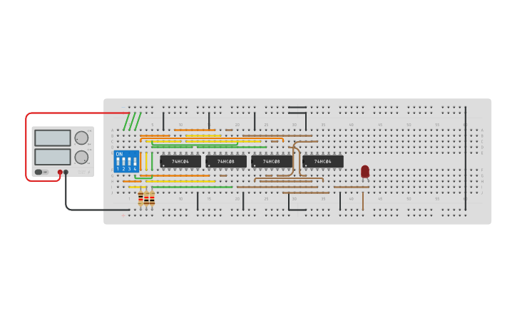 Circuit design F = A'B'C + AB'C' + ABC | Tinkercad
