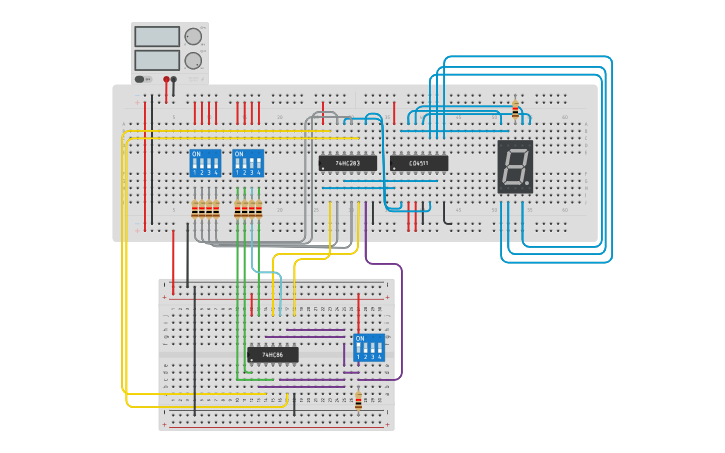 Circuit design 7 segment with adder - Tinkercad