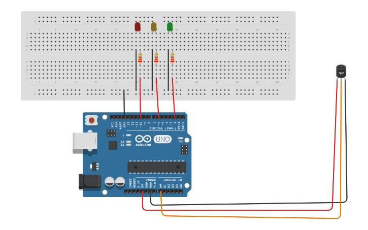 Circuit design Traffic Light using Temperature sensor - Tinkercad