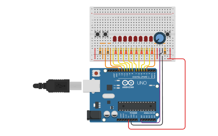 Circuit design Arduino 8 bits Counter - Tinkercad