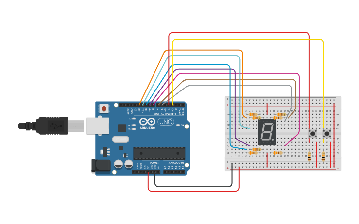 Circuit design Projeto Sistêmico - Display 7 Segmentos anodo comum e 2 buttons | Tinkercad