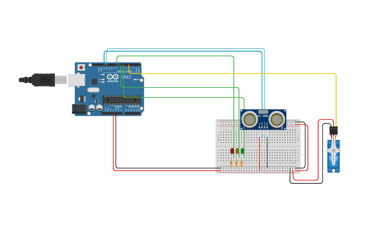 Circuit design Copy of sensor 3led | Tinkercad