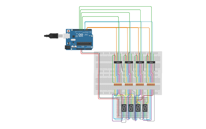 Circuit design 4x7 Segment Display - Tinkercad