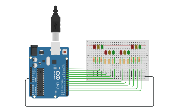 Circuit design 5.1 Ekperimen Rangkaian Interface Traffic Light - Tinkercad