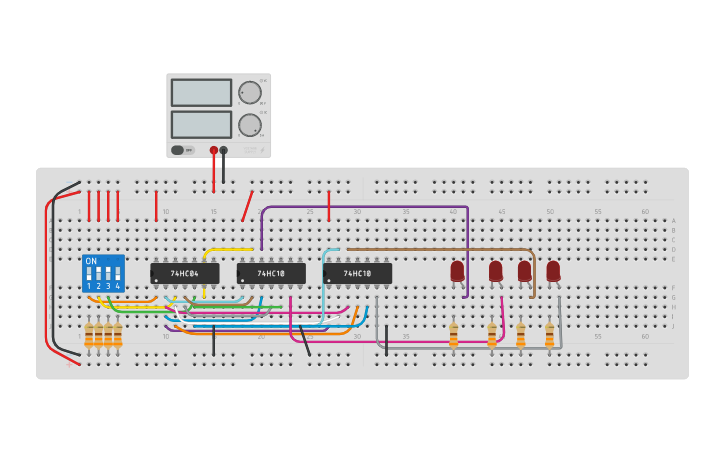 Circuit design Decoder 2 a 4 con salidas en bajo | Tinkercad