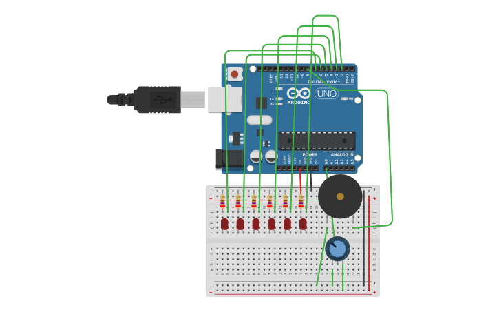 Circuit design 6 posiciones de grados con un potenciometro - Tinkercad