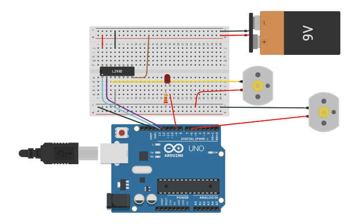 Circuit design 直流馬達、用L293D控制2個馬達 - Tinkercad