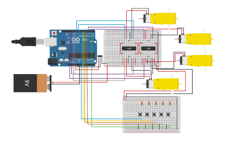 Circuit design motores con pulsadores | Tinkercad