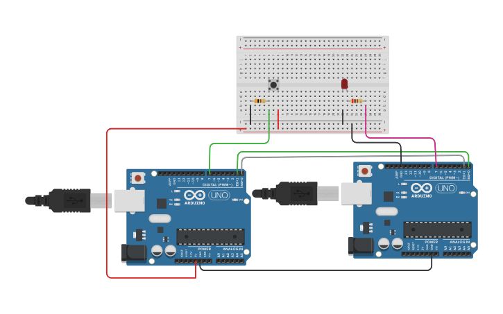 Circuit design Push Button & LED using 2 Arduinos - Tinkercad