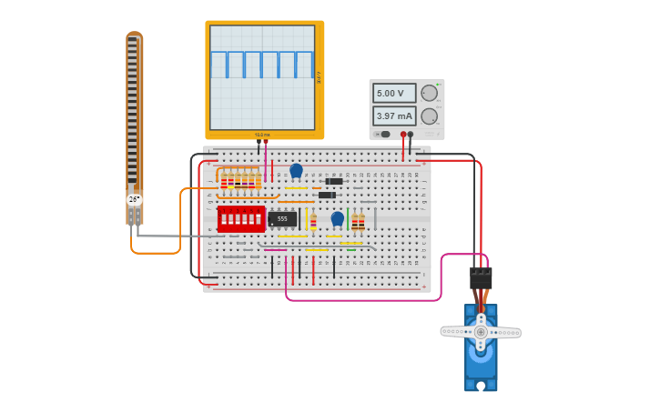 Circuit design Flex 555 servo | Tinkercad