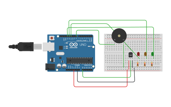 Circuit design SENSOR WITH LED'S AND BUZZER_KELOMPOK 1 - Tinkercad