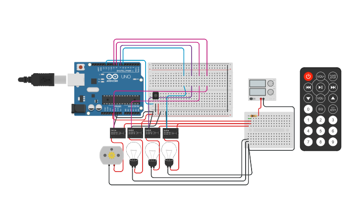 Circuit design IR Remote Toggles 3 LEDs And DC motor Using Relay - Tinkercad