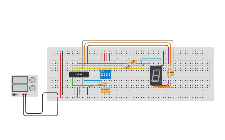 Circuit design Display de 7 segmentos. Conversor binario a BCD - Tinkercad