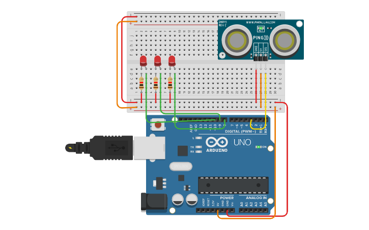 Circuit design Sensor de distancia com leds - Tinkercad