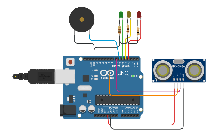 Circuit design Arduino Parking Assitant - Tinkercad