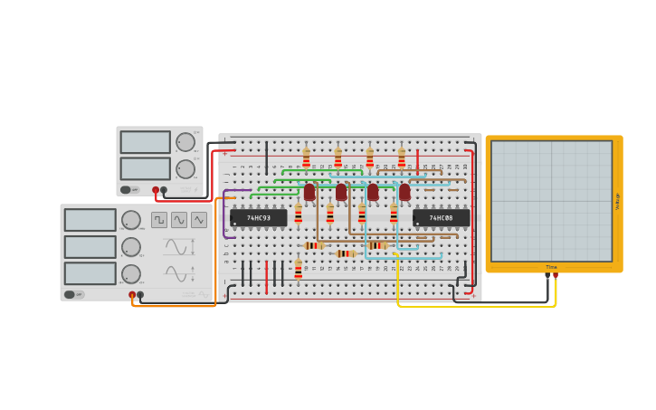 Circuit design R2R DAC 4 bits (IC Counter) | Tinkercad