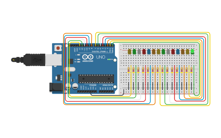 Circuit design DESAFIO 3 - SEQUENCIAL COM 14 LEDs - Tinkercad Circuit design DESAFIO 3 - SEQUENCIAL COM 14 LEDs - Tinkercad