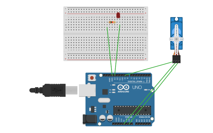 Circuit design LED and Server Motor - Tinkercad