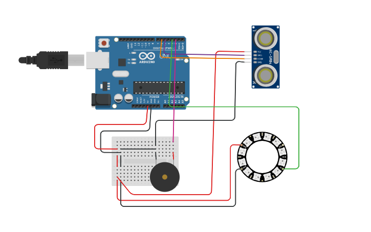 Circuit Design Social Distancing And Alarming System Tinkercad