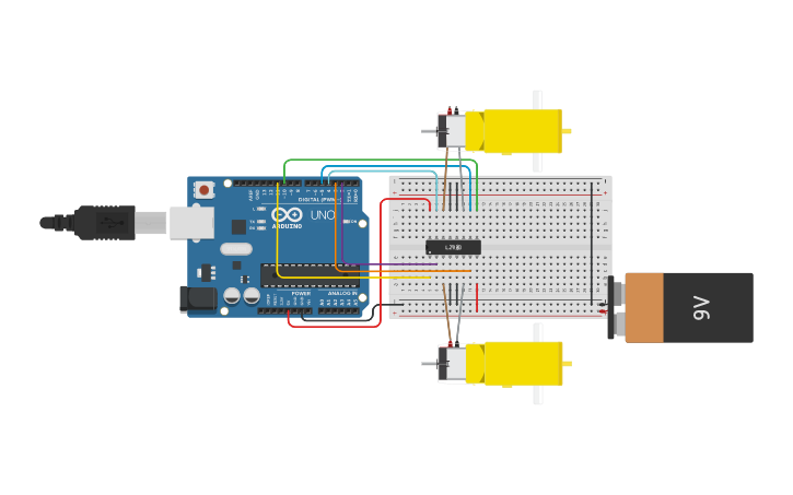Circuit design Prática 6 - L293D com 2 motores - Tinkercad