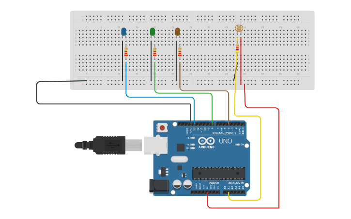 Circuit design Leds y Fotoresistencia - De la S - Tinkercad