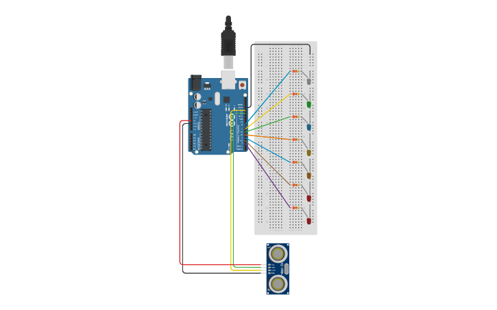 Circuit design Distance with Led and Ultrasonic Sensor - Tinkercad