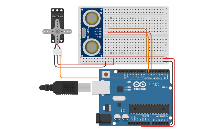 Circuit design Ultrasonic sensor used to control servo Arav | Tinkercad
