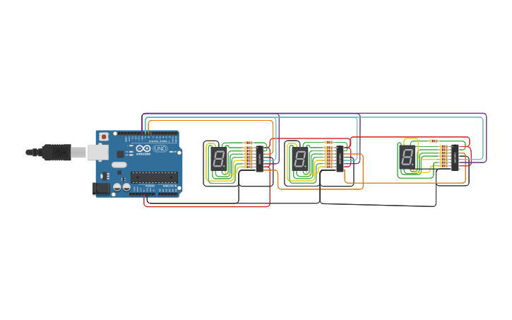 Circuit design 3 Display 7 Segmentos prontos para receber valor | Tinkercad