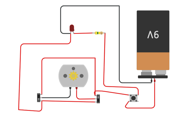 Circuit design Exercício acionar LED e bonus Motor CC | Tinkercad