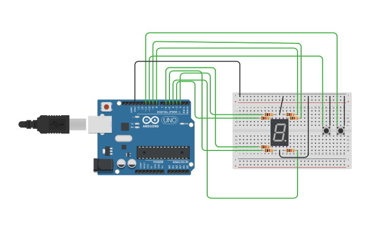 Circuit design 7 segment display using pushbutton - Tinkercad