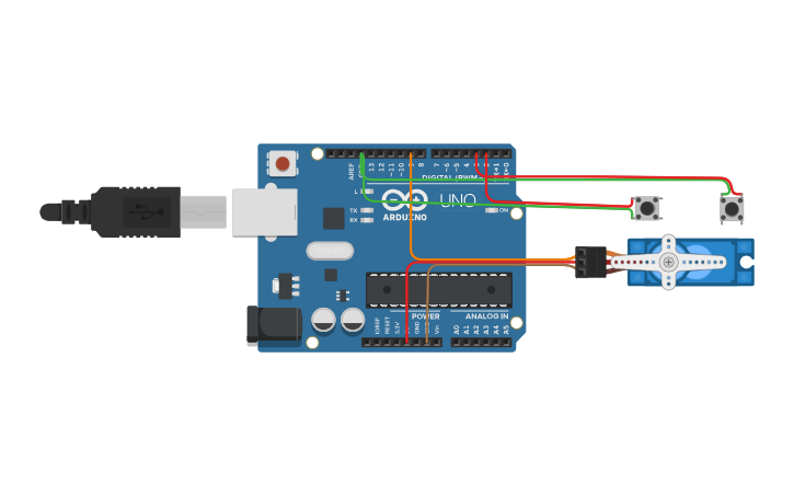 Circuit design Servo + 2 buttons + Interrupt + Serial - Tinkercad