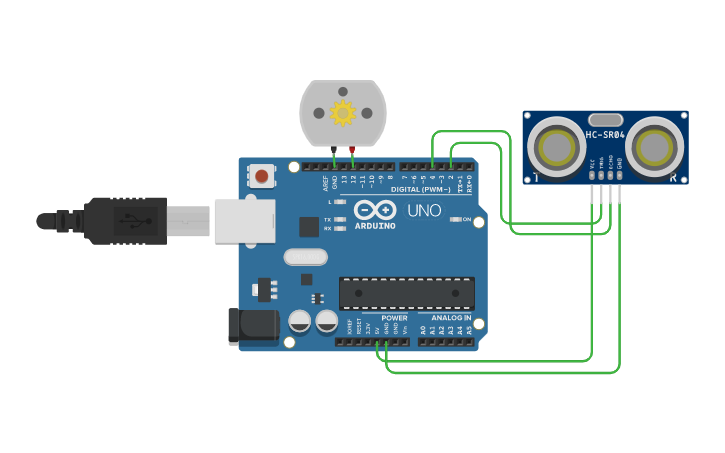 Circuit design DC + Ultrasonic - Tinkercad