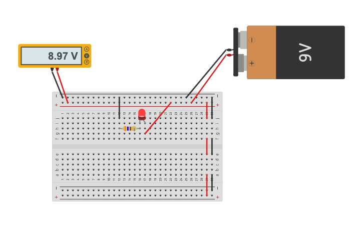 Circuit design Basic LED + 9V on breadboard - Tinkercad