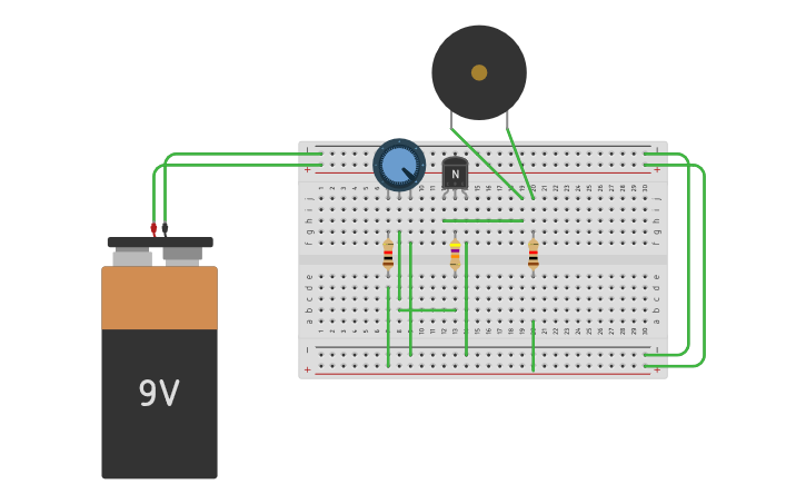 Circuit design transistor pengatur buzzer | Tinkercad