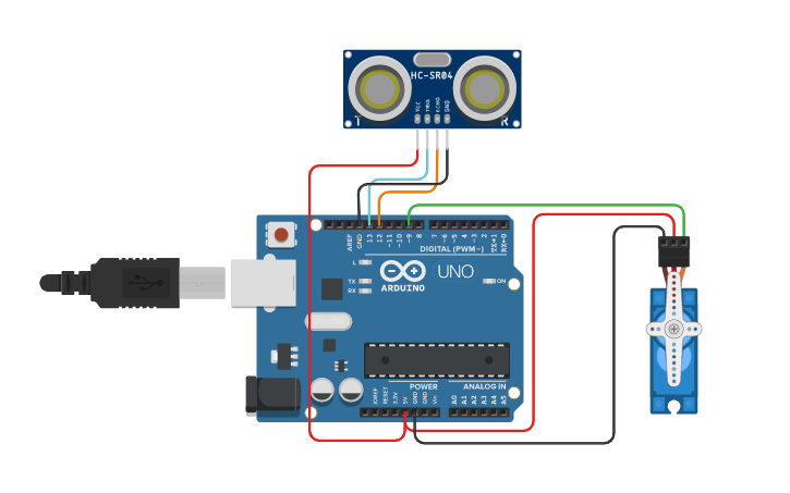 Circuit design Práctica 6: Servomotor con sensor de proximidad - Tinkercad Circuit design Práctica 6: Servomotor con sensor de proximidad - Tinkercad