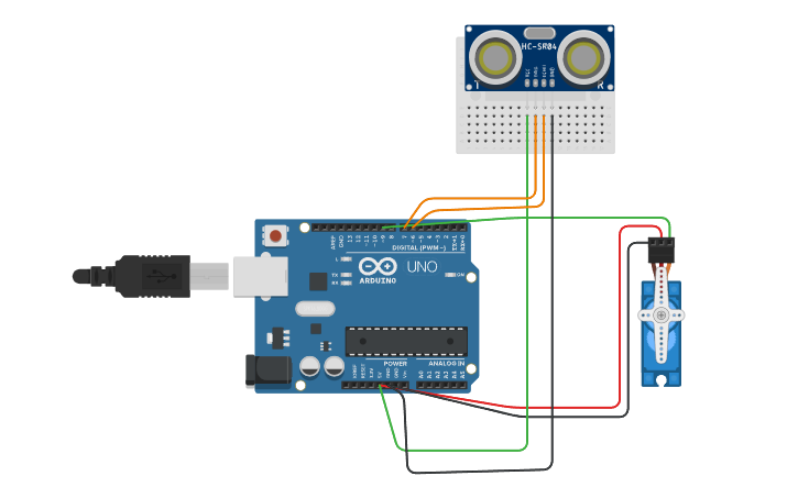 Circuit design ultrasonic object detection ,servo motor - Tinkercad