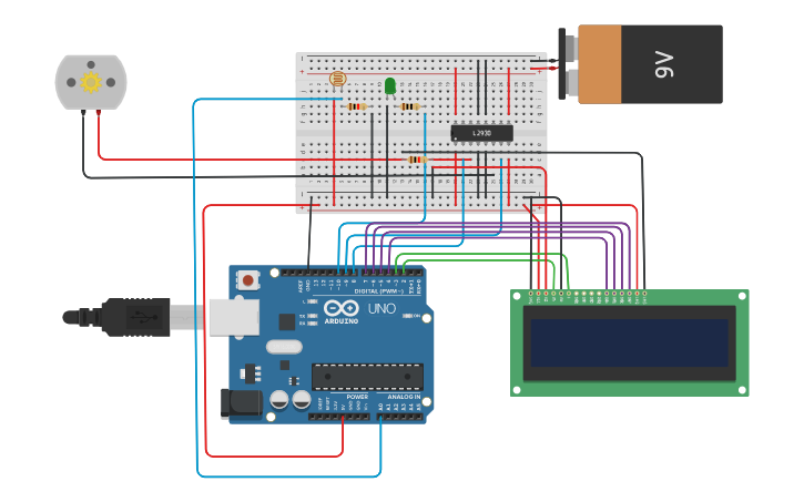 Circuit design Ambient room lighting Control and motor rotation - Tinkercad