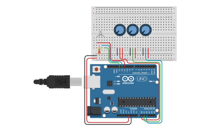 Circuit design LED RGB Y POTENCIÓMETROS | Tinkercad