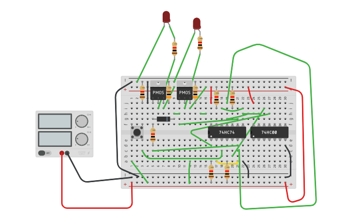Circuit design Three states from momentary button - Tinkercad