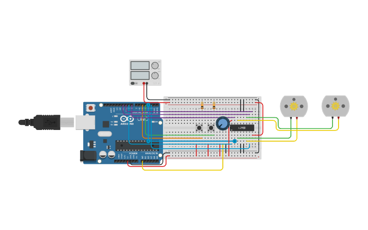 Circuit design 2 MOTORES DC - OPUESTOS | Tinkercad