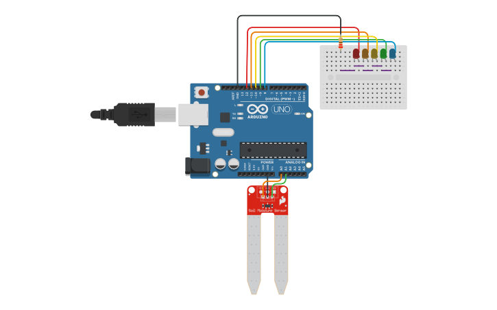Circuit design Soil Moisture with LED Indicator | Tinkercad