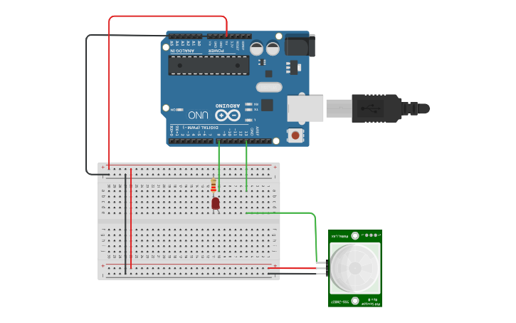 Circuit design PIR CON LED - Tinkercad