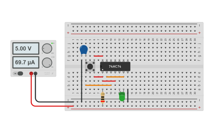 Circuit design switch on/off à bascule 74hc74 - Tinkercad